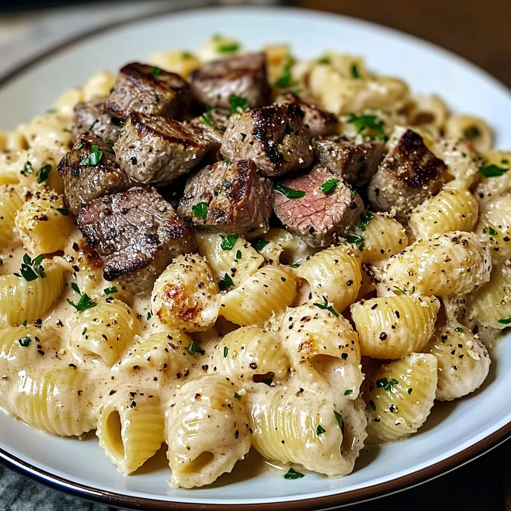 Creamy Parmesan Shell Pasta With Garlic Butter Steak Cubes